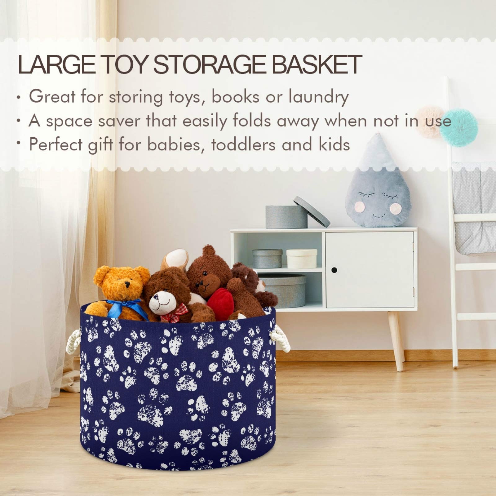 ALAZA Large Storage Basket for Toys White Dog Printed Blue Round Blanket Basket Laundry Hamper Canvas Organizer Bin Box Cotton Rope Collapsible Bucket Pillow Home Decor
