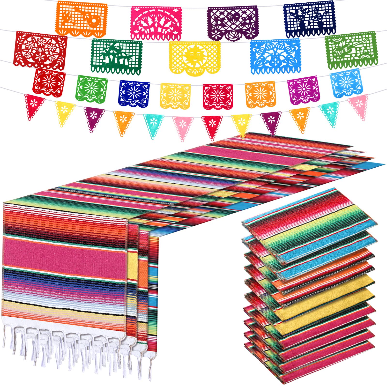 10 Pack 14 x 84 in Mexican Serape Table Runners, 29 Pcs Papel Picado Banner, Fiesta Hanging Banner and Pennant Flag Banner Colorful Bunting Banner for Mexican Theme Party (Rose, Blue, Orange, Yellow)