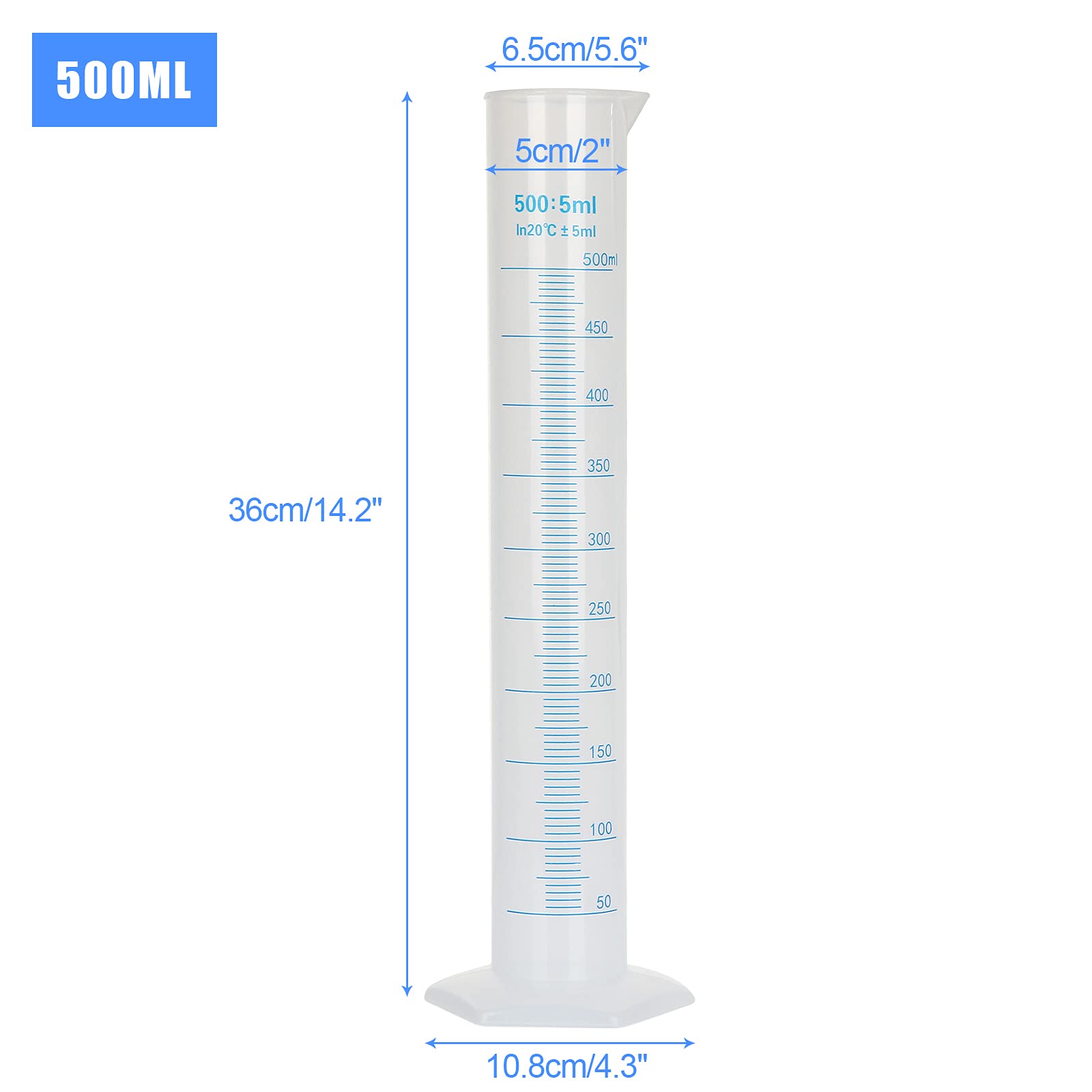 AKOLAFE 4 Pack 500ml Plastic Graduated Cylinder, Transparent Measuring Cylinder Set, Science Measuring Test Tube Flask with 2-Sided Marking & Pour Spout, for Science Projects, Laboratory Supplies