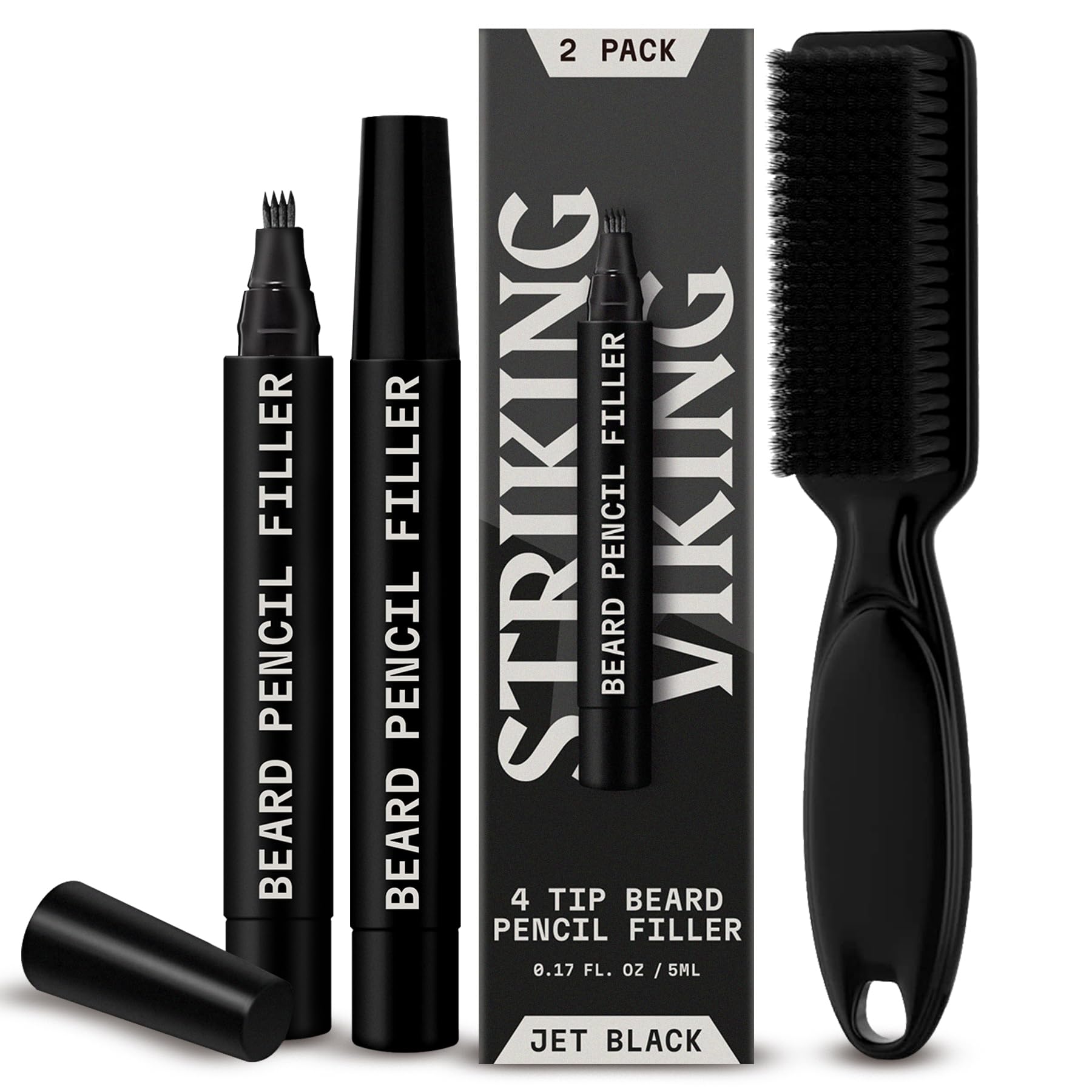 Striking Viking 2 Pack Beard Pencil Filler for Men with 4 Tips (Jet Black) - Fill, Shape & Define with this Long-Lasting, Waterproof Beard Pen Kit Including Brush