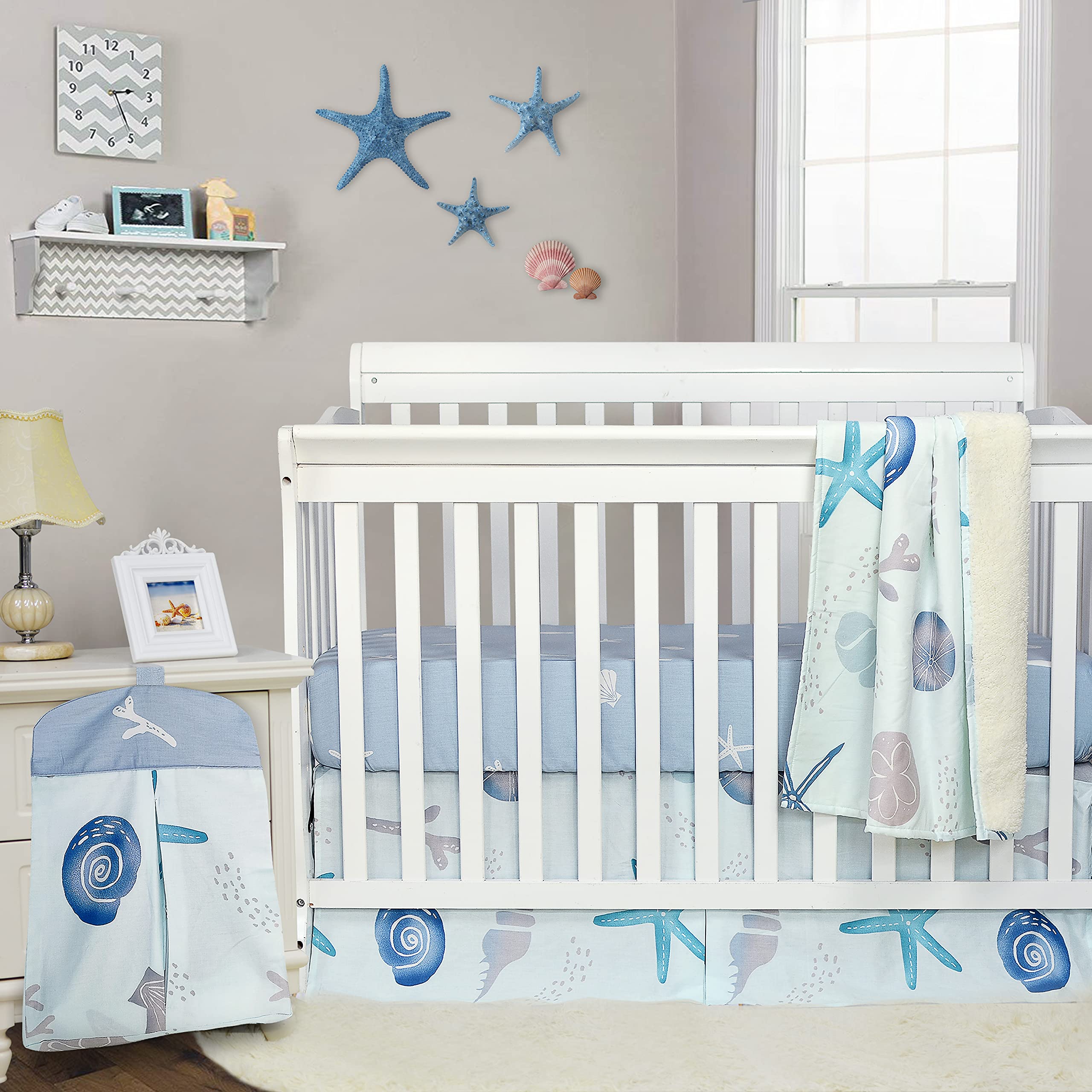 Brandream Boys Nursery Bedding Blue White Beach Theme Baby Crib Bedding Set with Starfish Seashell, 100% Cotton