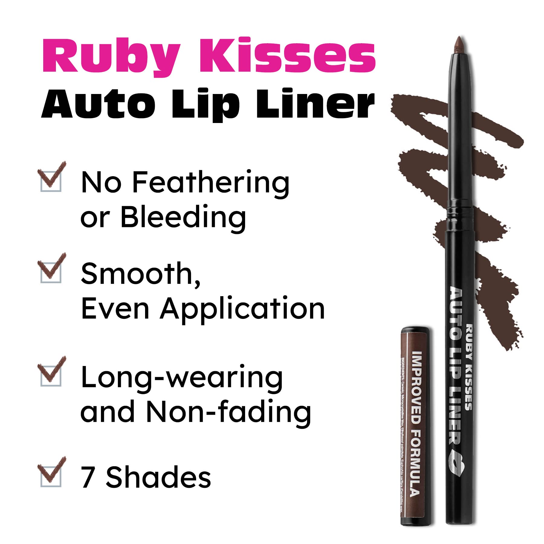 Ruby Kisses Auto Lip Liner Pencil, Long Lasting & Non-Fading, Smooth Application, Non-Feathering with Rich Color, No Sharpener Needed, Ideal for Full Lips Look (Dark Brown) (3 PACK)