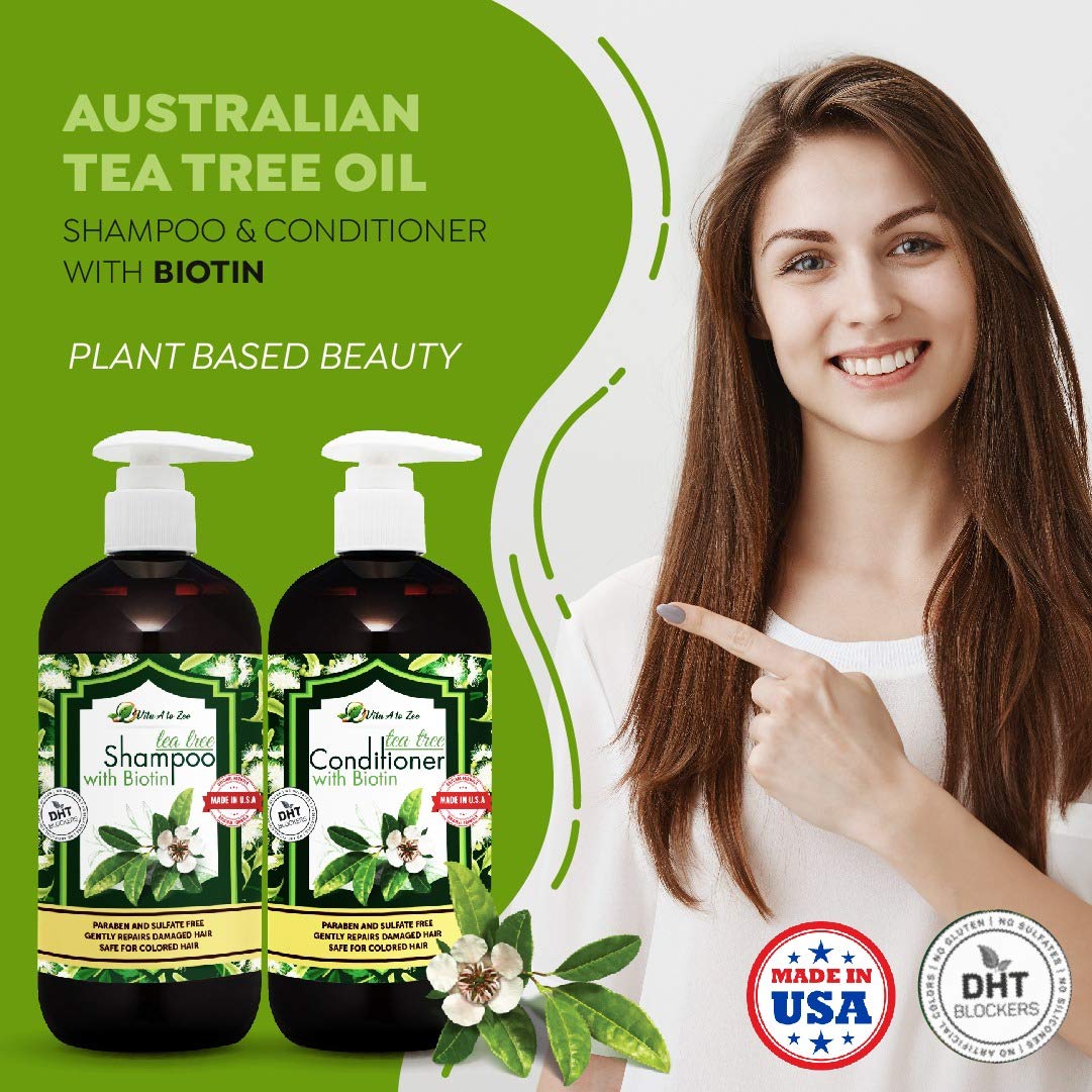 Tea Tree Oil & Biotin Shampoo & Conditioner Set for Men & Women | Professional Strength Formula | Refreshes & Stimulates Hair & Scalp | Moisturizing, Conditioning & Anti Hair Loss with DHT Blockers