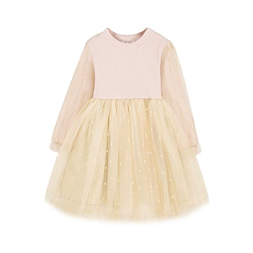 Toddler Baby Girl's Fall Dress Outfit Knit Long Sleeve Fluffy Gold Wire Decoration Tulle Dress Princess Dress (Cream, 4T)