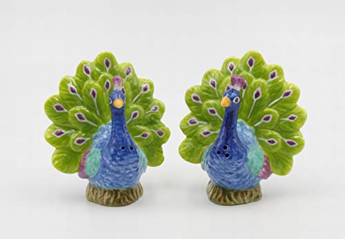 Fine Porcelain Peacock Open Fan Tail Salt & Pepper Shakers Set, 3-1/8" H