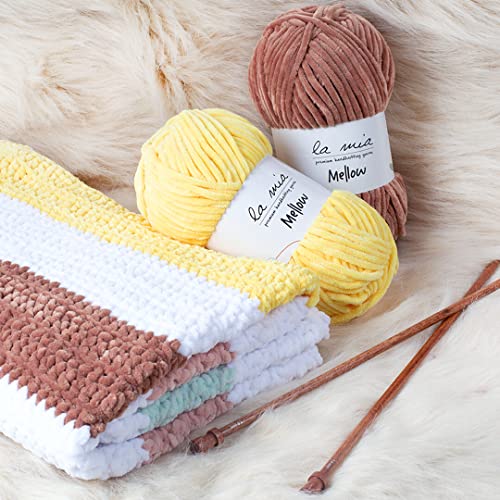 2 Skein La Mia Mellow Velvet Chenille Yarn for Knitting and Crocheting Baby Clothes, Blankets and Accessories, 100% Polyester, 100 gr (3.5 oz) / 115 m (125 Yards), Super Bulky, Blue - 936