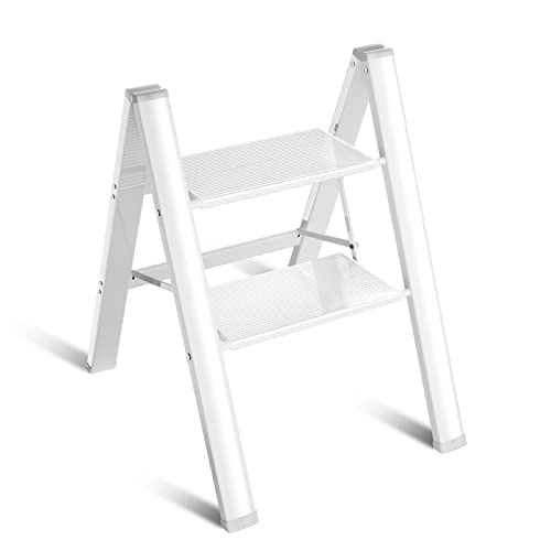 2 Step Ladder Folding Step Stool Auminum Portable Step Stools for Adults Wideing Anti-Slip Pedals Kitchen Step Stool for Home and Kitchen White 330 lb…