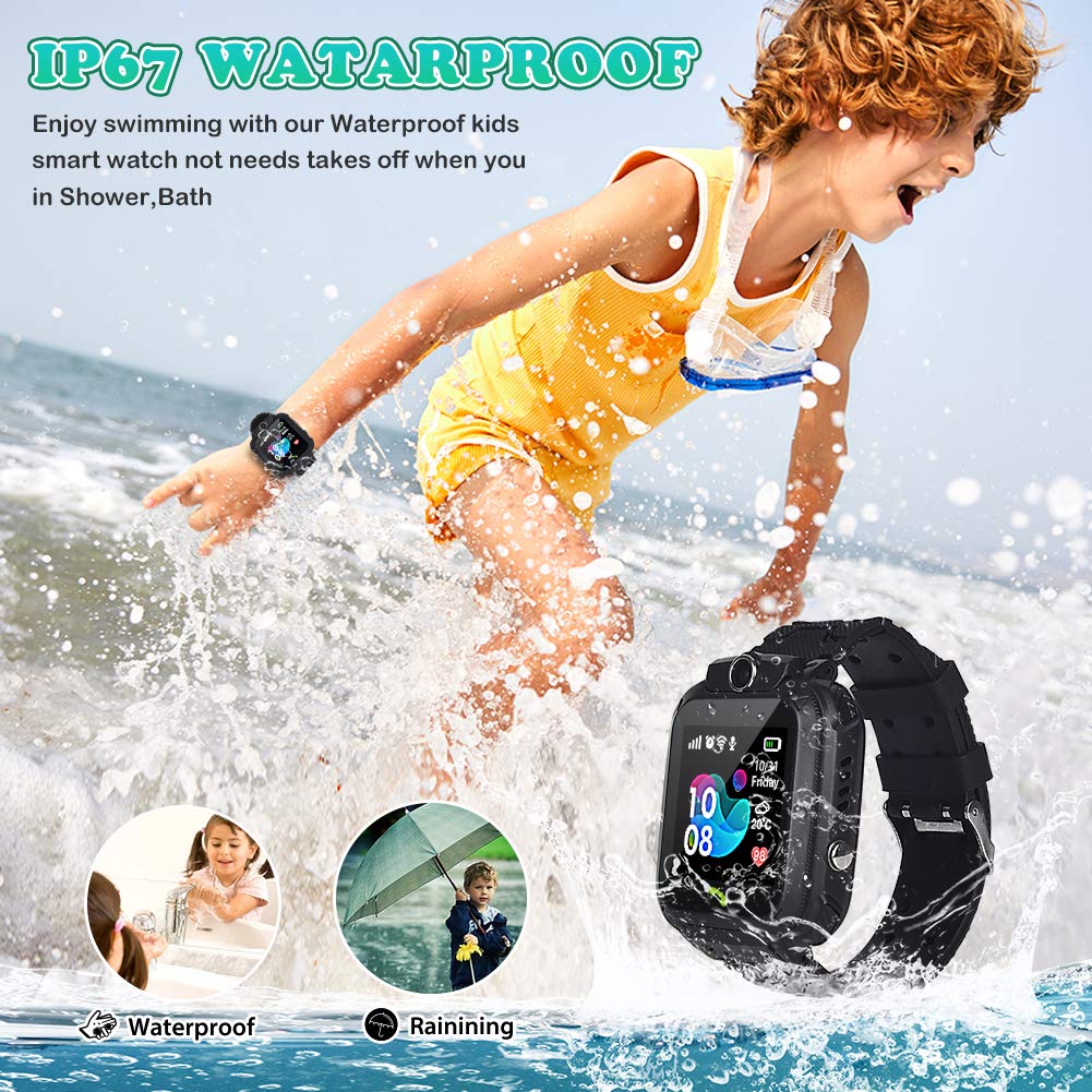 Kids Smart Watch, IP67 Waterproof LBS Positioning Watch HD Touch Screen, with SOS Two-Way Call Clock Camera SIM Card Slot Compatible with iOS and Android(Black)