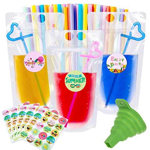 100 Pcs Drink Pouches for Adults Stand-Up Juice Pouches, Hand-Held Reclosable Drink Bags Plastic Zipper Juice Bags with Straws Silicone Funnel(Come with 100 Pcs Round Stickers)