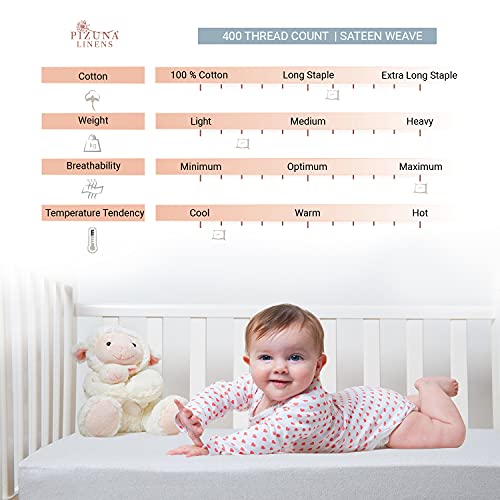 Pizuna 400 Thread Count Cotton Crib Fitted Sheet 3pc, 100% Long Staple Cotton White Crib Sheets Luxurious Sateen Weave All Around Elastic Deep Pocket Kids Bed Sheet (100% Cotton White Crib Bed Sheet)