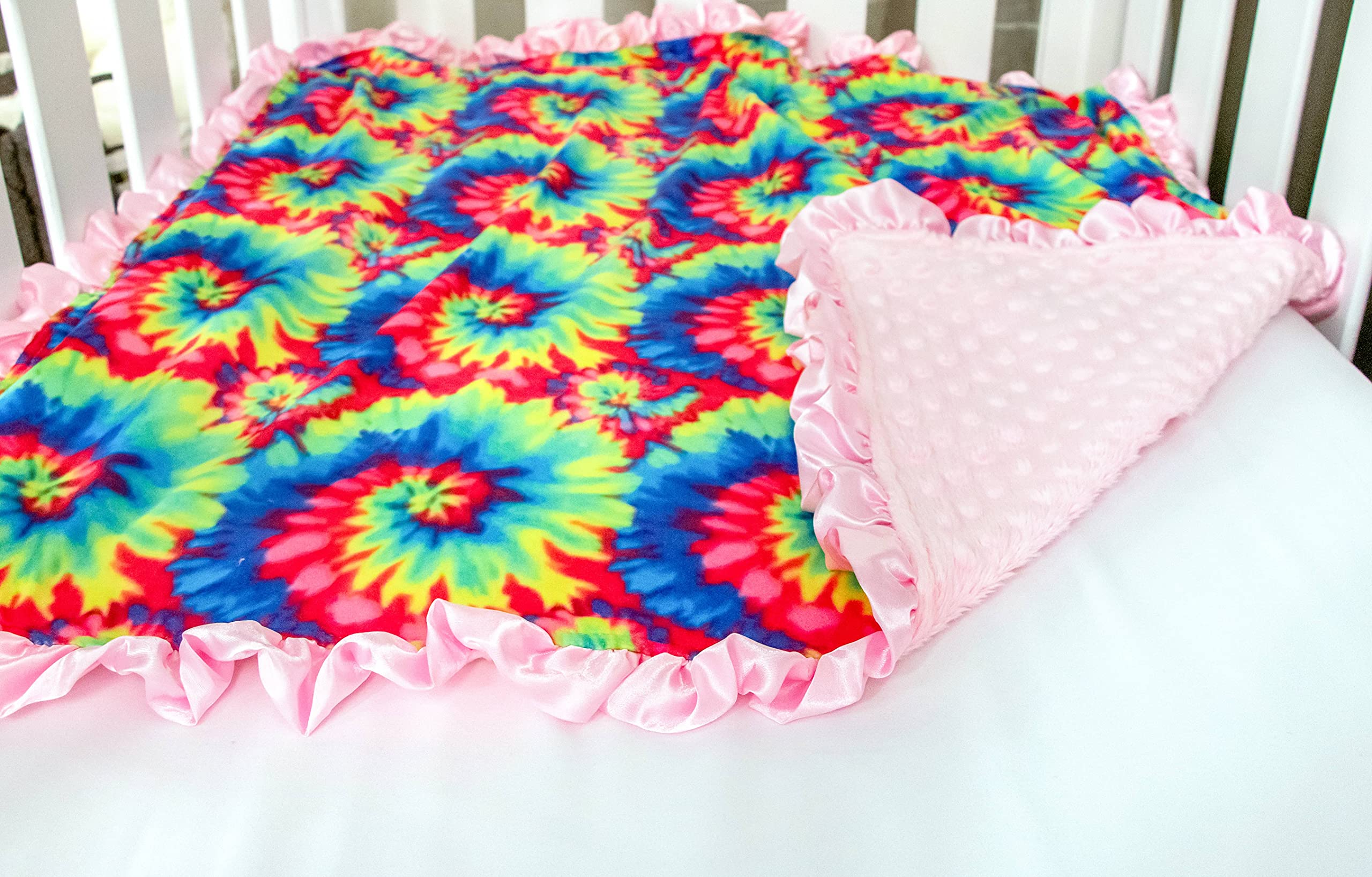 Top Tots Baby Blanket - Tie Dye Pattern with Pink Minky Dot & Satin Ruffle, 31 x 31 Inch Multicolored