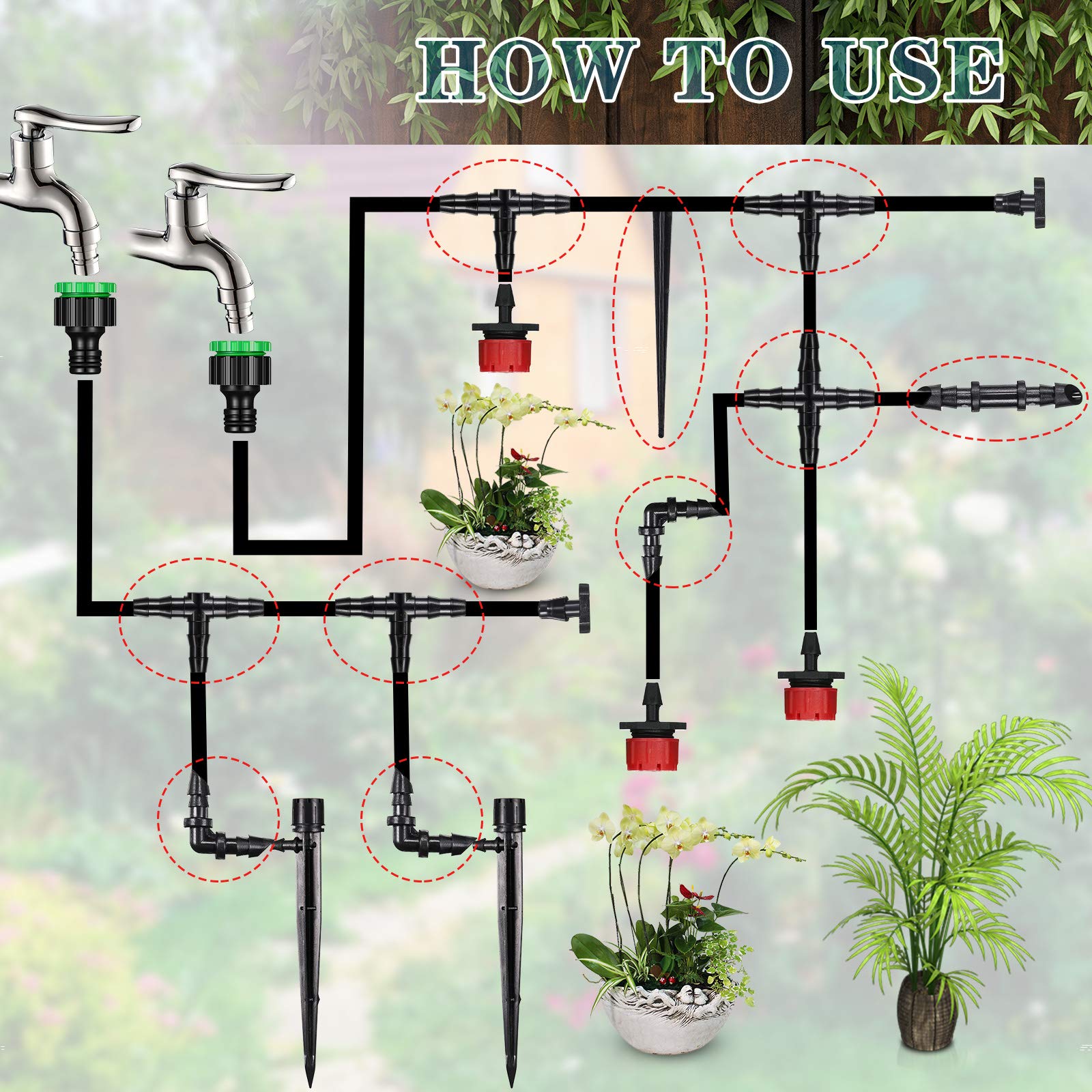 Irrigation Fitting Kit Drip Irrigation Barbed Connector Include 50 Single Barbed Connector 20 Tee 20 Elbow 20 4-Way Coupling and 100 Irrigation Support Stake Hose Holder for 1/4 Inch Tubing 210 Piece