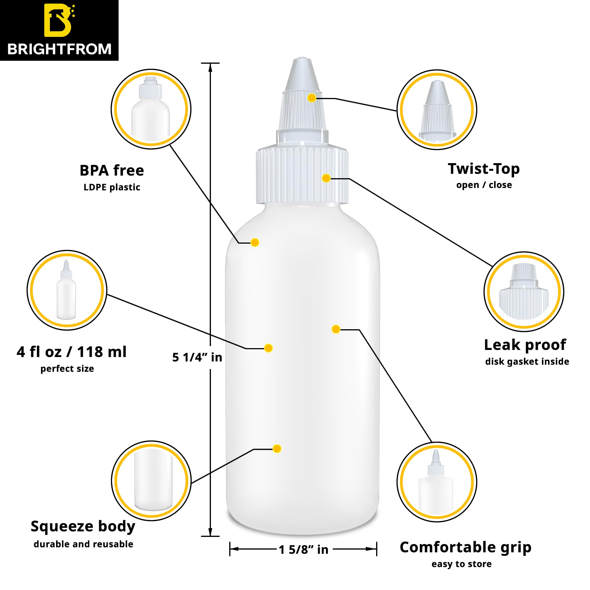 BRIGHTFROM Twist Top Applicator Bottles, Squeeze 4 OZ Empty Plastic Bottles, Refillable, Open/Close Nozzle - Multi Purpose (Pack of 2)