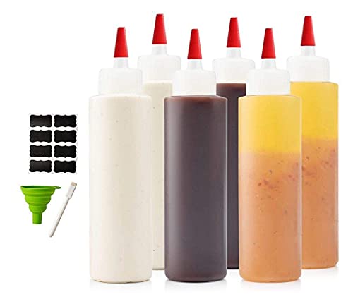 6-pack Premium Plastic Condiment Squeeze Squirt Bottles for Sauces, Paint,Oil, Condiments,Salad Dressings, Arts and Crafts - Food Grade-Includes Funnel, Erasable Marker and Reusable Labels (16 oz)