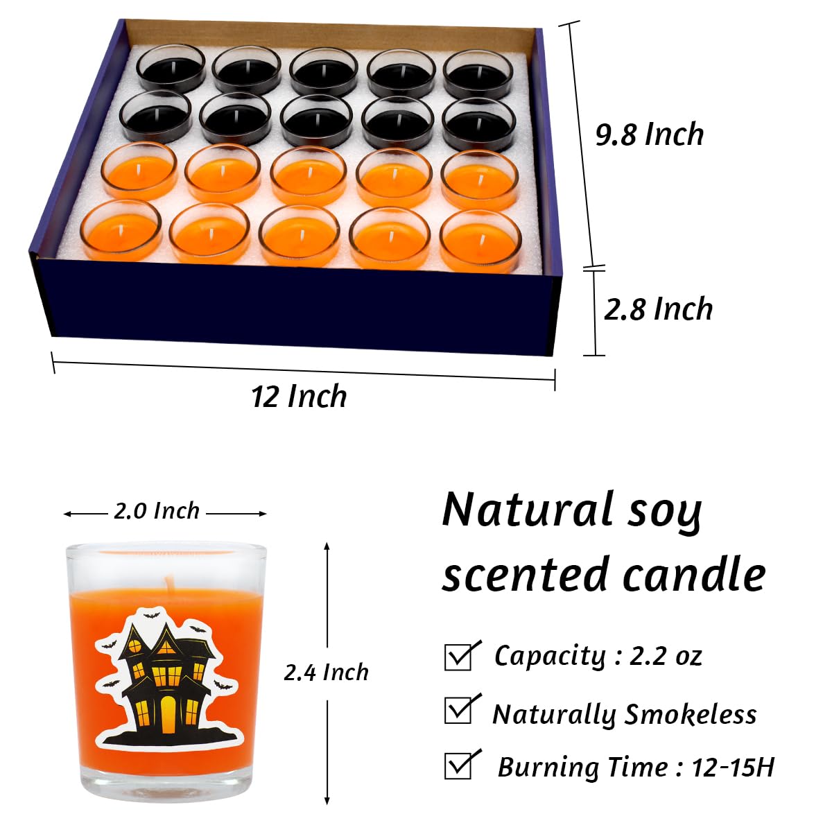 10 Orange and 10 Black Votive Candles, Unscented Soy Wax Candle Filled in Clear Glass for Halloween Fall Home Décor and DIY