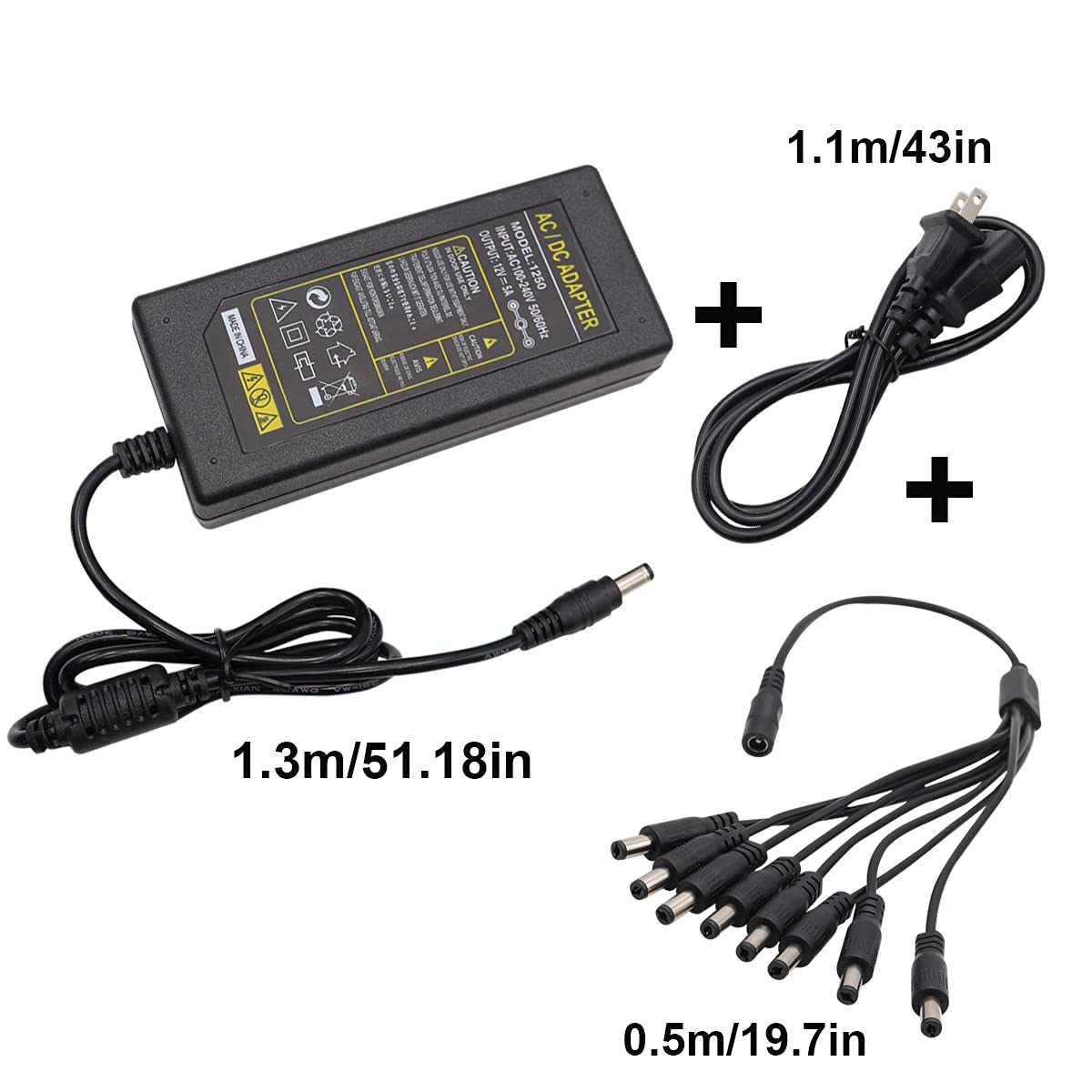mxuteuk Security Camera Power Supply 12V 5A Power Supply AC Adapter 100-240V 50-60hz LED Power Transformers,with 8-Way Power Splitter Cable (2 Prong)