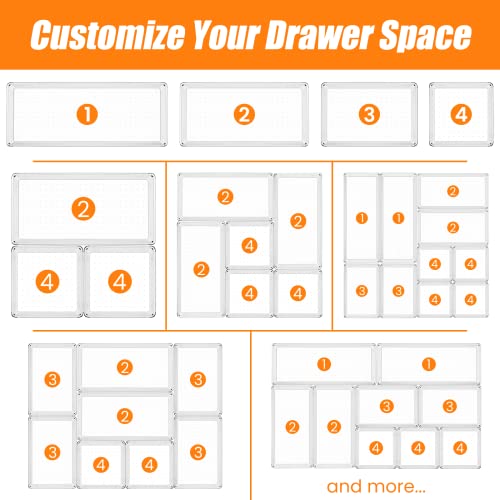 12 Pack Clear Plastic Drawer Organizer Set, Acrylic Non Slip Non Cracking Kitchen Drawer Storage Tray Large Size Divider, Multifunctional Storage for Cosmetics, Bathroom, Tools, Kitchen and Office