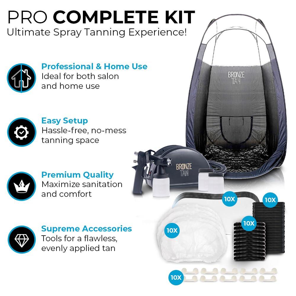 Bronze Tan Professional Spray Tanning Essentials Kit - Includes Machine, Quick-Setup Tent, Spray Tan Feet Pads, Hair Nets, Nose Plugs, Undergarments- Ideal for Salon & Home Use