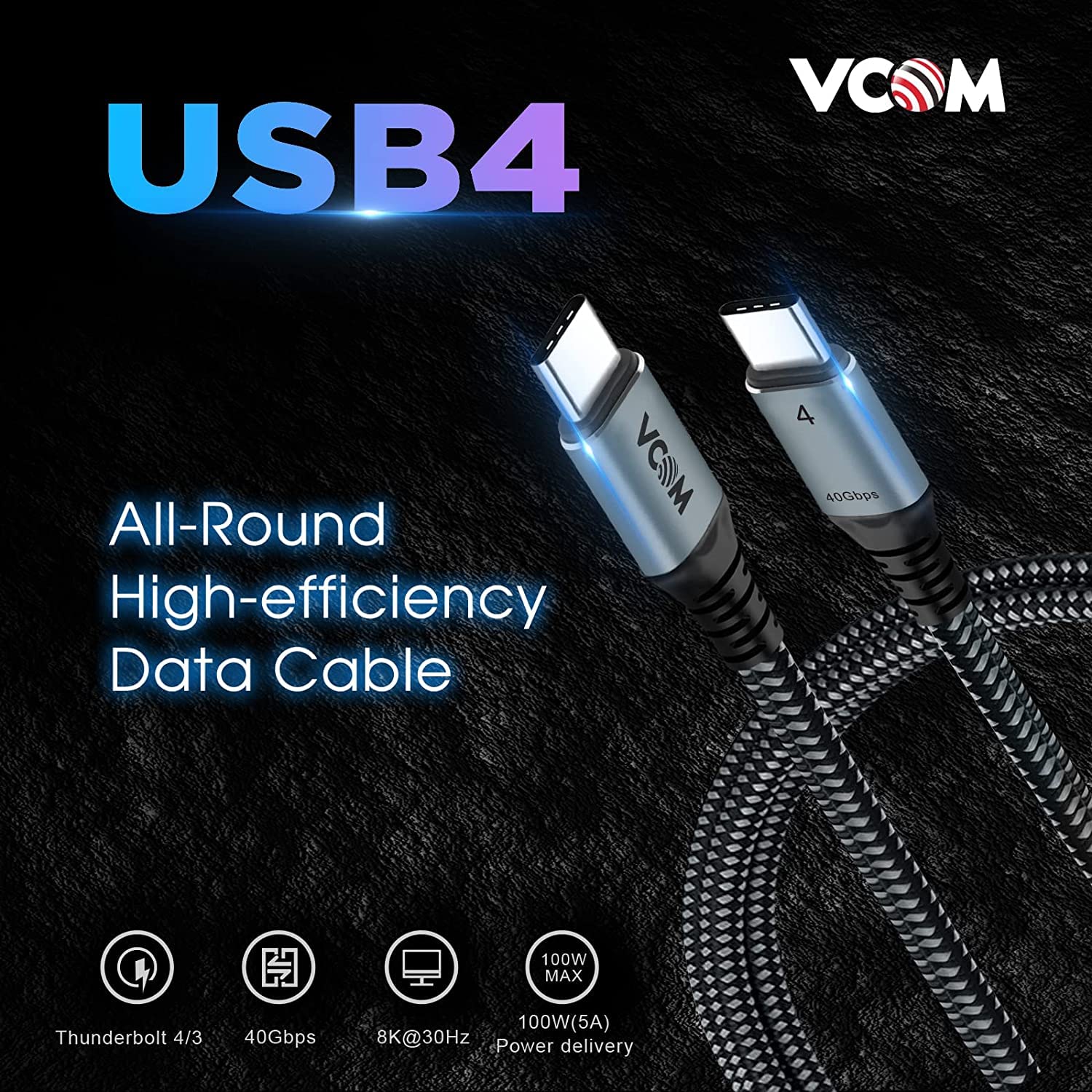 VCOM USB 4 Cable for Thunderbolt 4 Cable 4 FT, 100W Cable with 40Gbps Data and 8K@30Hz 5K@60Hz or Dual 4K Video,Compatible with Thunderbolt 3/4 Cable and USB-C,for MacBooks,Hub, Docking, and More