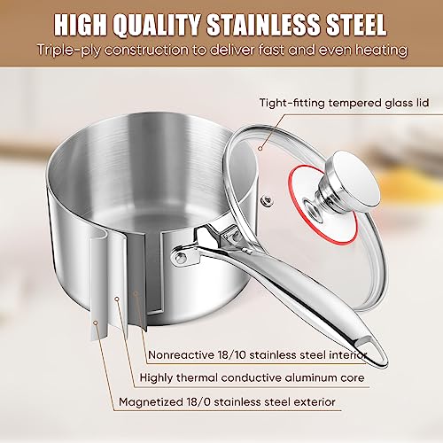 1Qt & 2 Qt Saucepan with Lid Set, E-far Triply 18/10 Stainless Steel Sauce Pan Pot for Cooking Pasta Warming Milk Boiling Water, Small Metal Cookware for Kitchen, Induction Ready & Heavy Duty