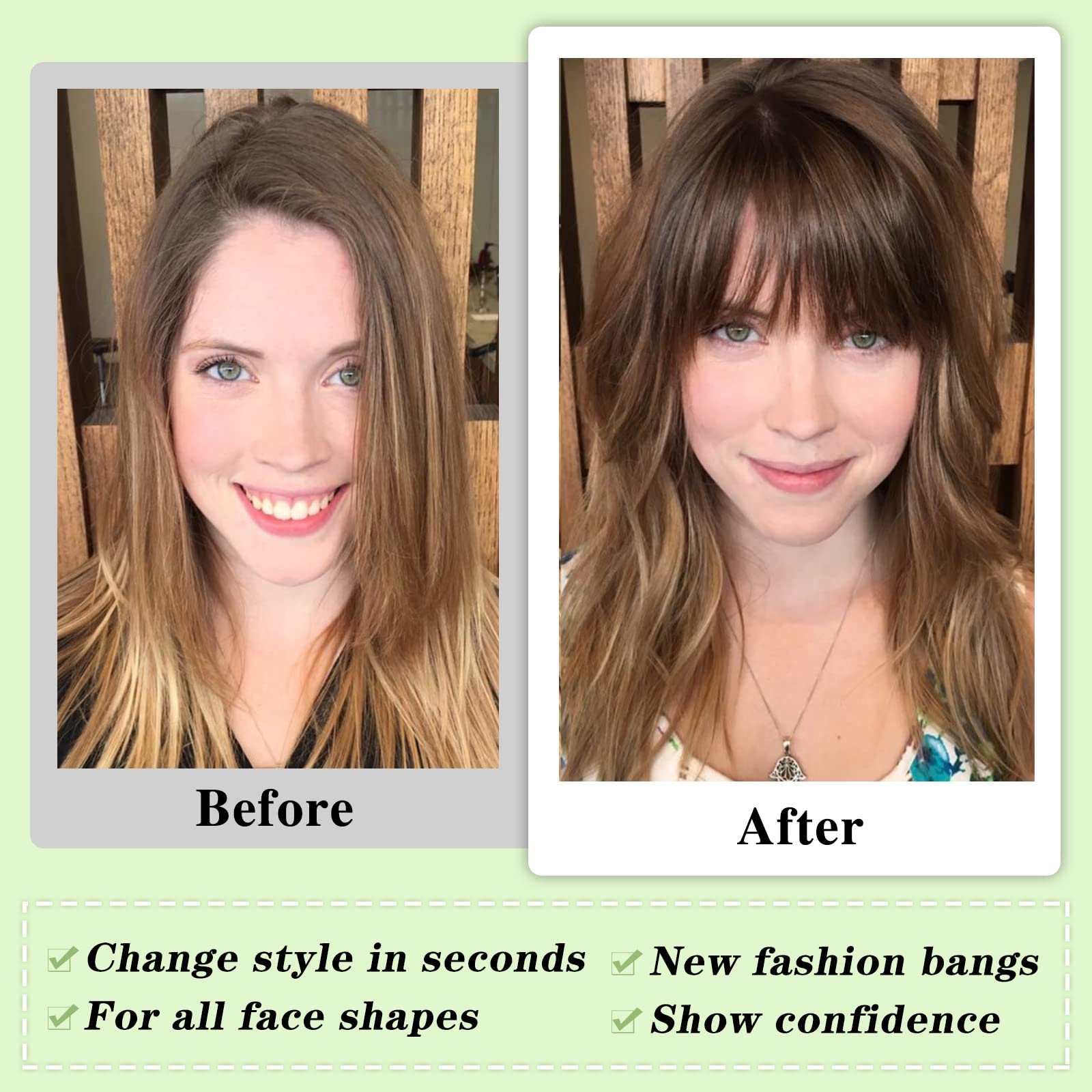 100% Human Hair Bangs Clip in Hair Extensions, Medium Brown Clip on Bangs Wispy Bangs Fringe with Temples Hairpieces for Women Curved Bangs for Daily Wear