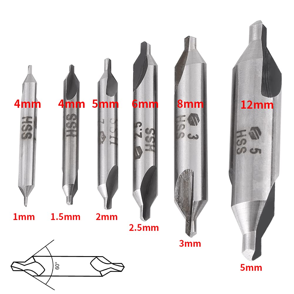 Center Drill Set, 6pcs 1/1.5/2/2.5/3/5mm 60 Degree High Speed Steel Centering Drill Bit Set, Countersink Lathe Center Drill Bits