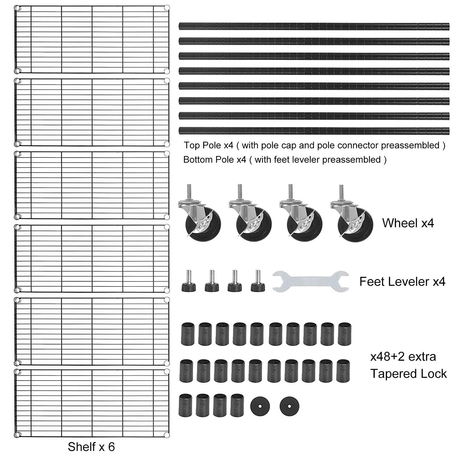 FLL 6 Tier Metal Wire Shelving Unit Garage Shelving Wire Shelving for Garage Kitchen,NSF Certification Metal Storage Shelf Rack Shelf Heavy Duty Shelves Height Adjustable with Wheels,48×18×82,Black