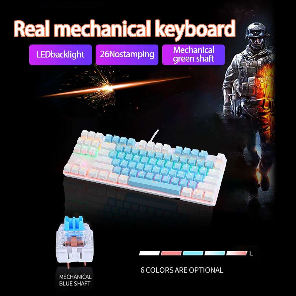 BLUEXIAO K100 87-Keys Blue Switch Mechanical Keyboard Aluminum Alloy-ABS Ergonomic Keyboard High Responsiveness Gaming Keyboard for PC Laptop Players K100 87-Key Green Axis Keyboard