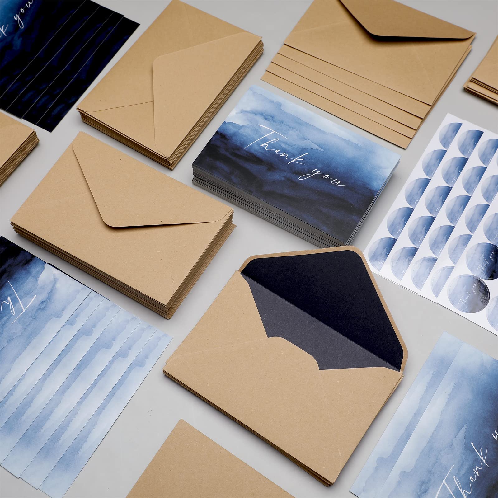 100 Pcs Thank You Cards with Envelopes 100 Stickers, Classy Thank You Notes Set Printable Thank You Gift Card Thank You Business Card with Brown Kraft Style Envelopes (Blue)