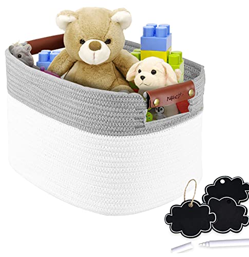 NaturaClo Cotton Rope Storage Basket | Decorative Woven Basket W/Leather Basket Handles & Chalk Tags |Woven Baskets for Storage, Baby Diapers and Toy Organizer | Size: 15' x 10' x 9' inches