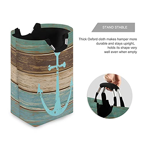 Nautical Anchor Large Laundry Hamper, Wooden Texture Laundry Baskets with Handle, Oxford Storage Basket, Portable Folding Clothes Hamper for Nursery, College Dorm, Bedroon, Bathroom
