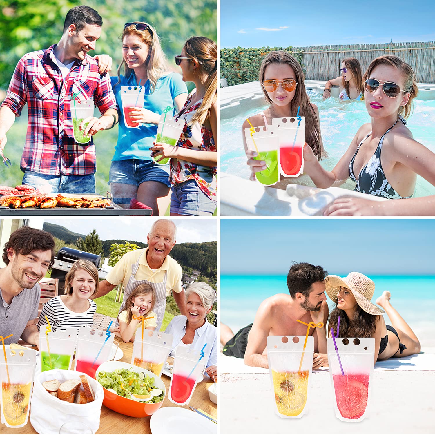30Pcs Drink Pouches with Individual Package Straws Translucent Frosted Reclosable Zipper Juice Pouches Smoothie Pouches for Cold & Hot Drinks- 10 Ice Cube Bags& Silicone Funnel Included