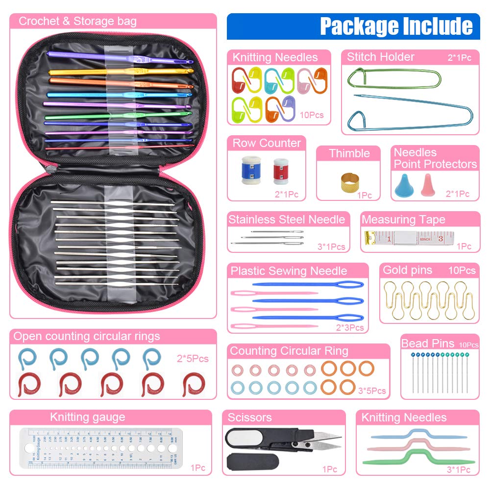 100Pcs Aluminum Crochet Hooks Set Knitting Tool Accessories Set Measure Tape, Row Counter, Thread Cutting Ring Scissors Craft Tools Yarn Knitting Needles Sewing Tools Kit for Crochet Beginner
