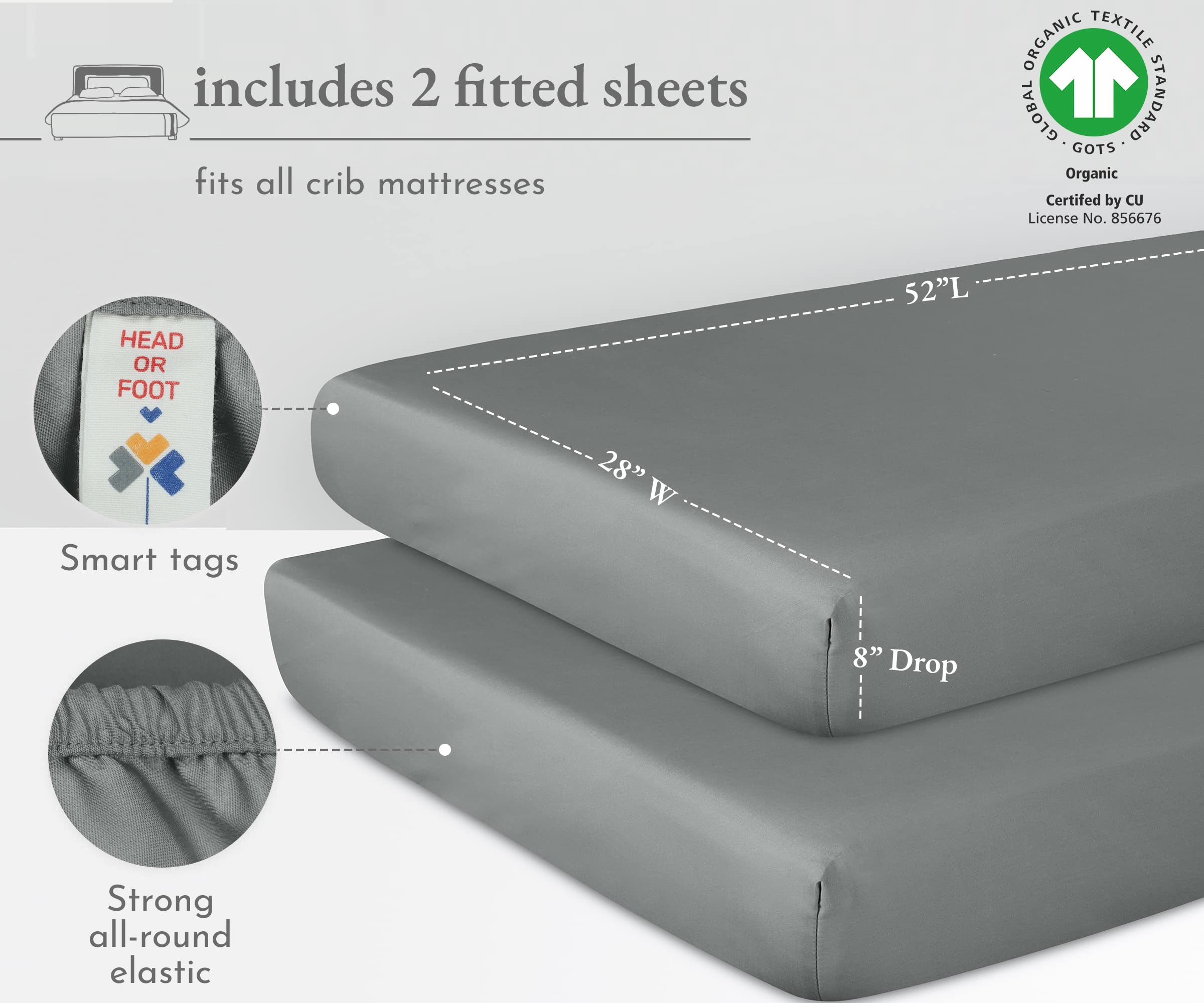 100% Organic Cotton Crib Sheets for Boys or Girls, Set of 2 Fitted Sheets, Cooling & Softest Baby Crib Sheets for Girl, Crib Mattress Sheet or Toddler Bed Sheets, Percale (Dark Gray)