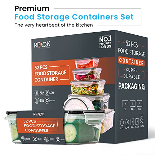 52 Pcs Food Storage Containers with Lids-(26 Stackable Clear Plastic Containers with 26 Lids) BPA-Free 100% Airtight Kitchen and Pantry Organization, Microwave, Dishwasher Safe with Labels & Marker