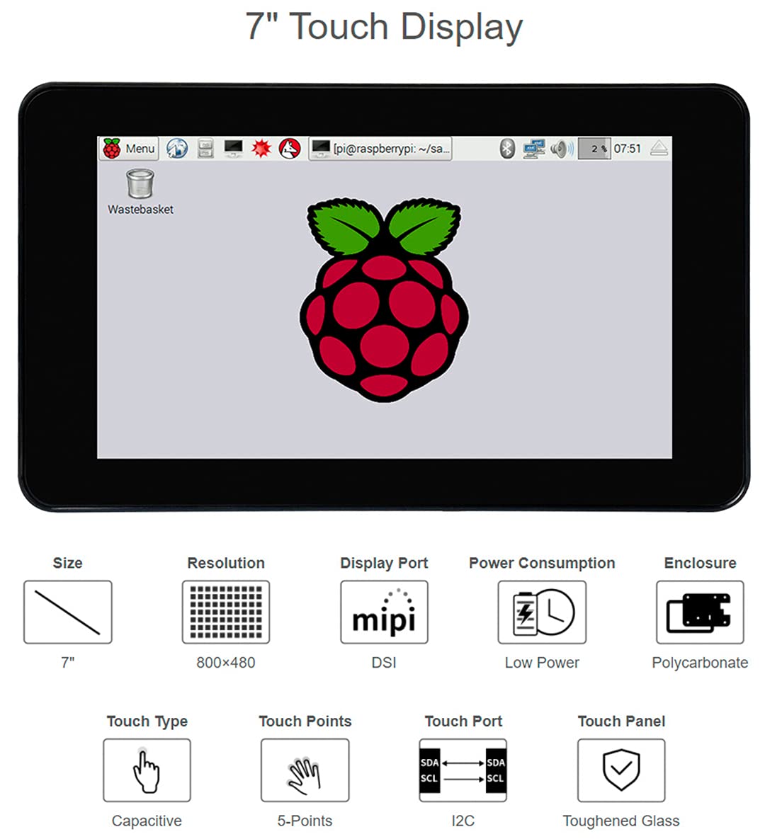 waveshare 7inch DSI Capacitive Touch Display with Protection Case for Raspberry Pi 4 Model B, 7" DSI LCD with Enclosure 800×480 Pixel, Support Ubuntu/Kali / WIN10 IoT, Single Point Touch, Driver Free