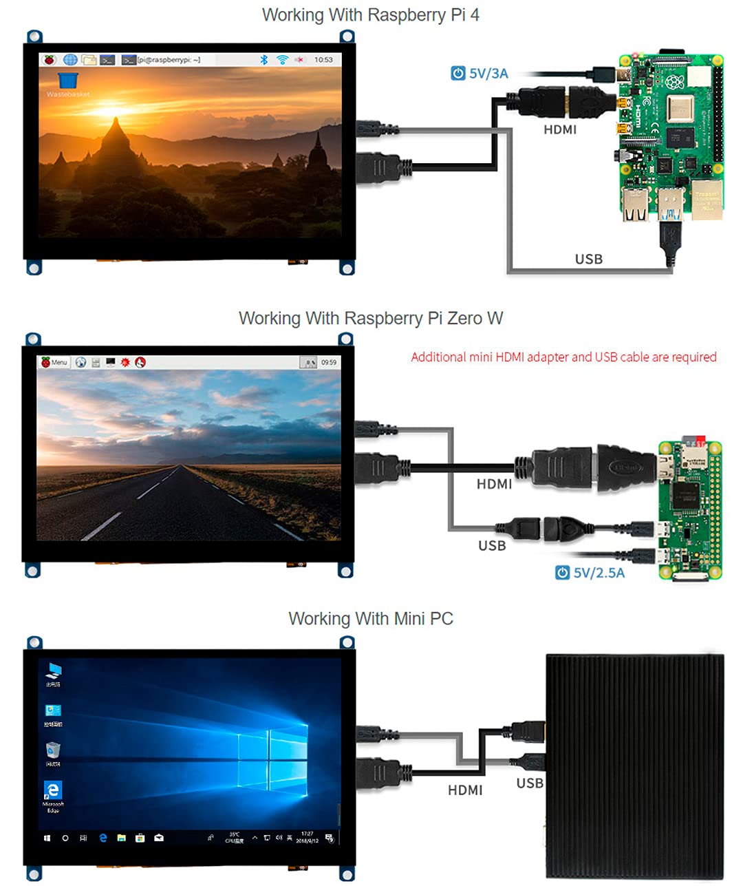 Bicool 5inch HDMI LCD Rev 4, 800x480 Capacitive Touchscreen Monitor TFT Display for All Raspberry Pi 4B/3B+/3B/Zero/Zero W/WH, Support Windows 10/8.1/8 / 7,5-Points Touch Driver Free Toughened Glass