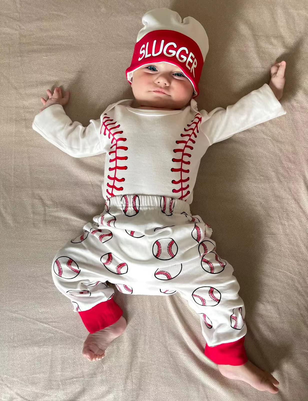 COSLAND Baby Baseball Outfit Infant Boys Cotton Pant Sets, White, Newborn