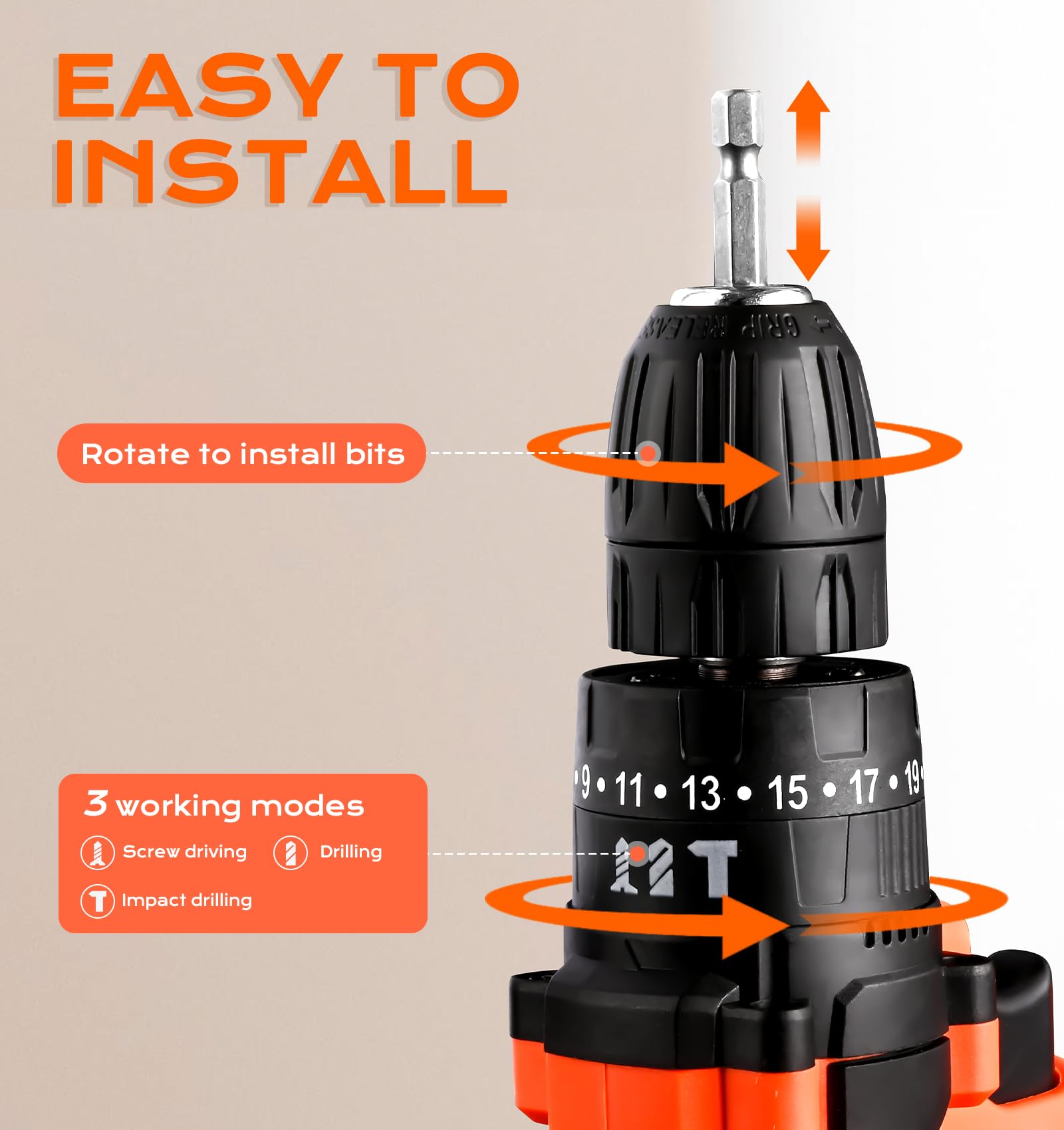 108 Pcs Cordless Drill Set, 531in-lbs MAX 21V Electric Power Drill Driver Kits, 3/8''Keyless Chuck 2 Variable Speed Drill with Faster Charger Hammer LED Light Tool Box Set for Home Repair Tool Kit