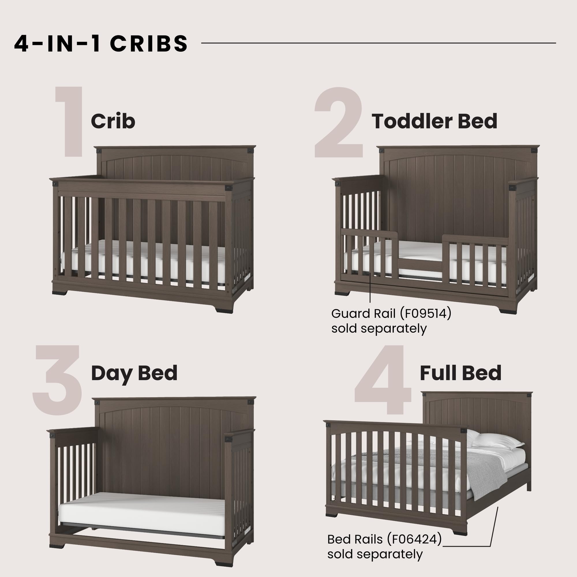 Child Craft Redmond Full Panel 4-in-1 Convertible Crib, Baby Crib Converts to Day Bed, Toddler Bed and Full Size Bed, 3 Adjustable Mattress Positions, Non-Toxic, Baby Safe Finish (Dapper Gray)