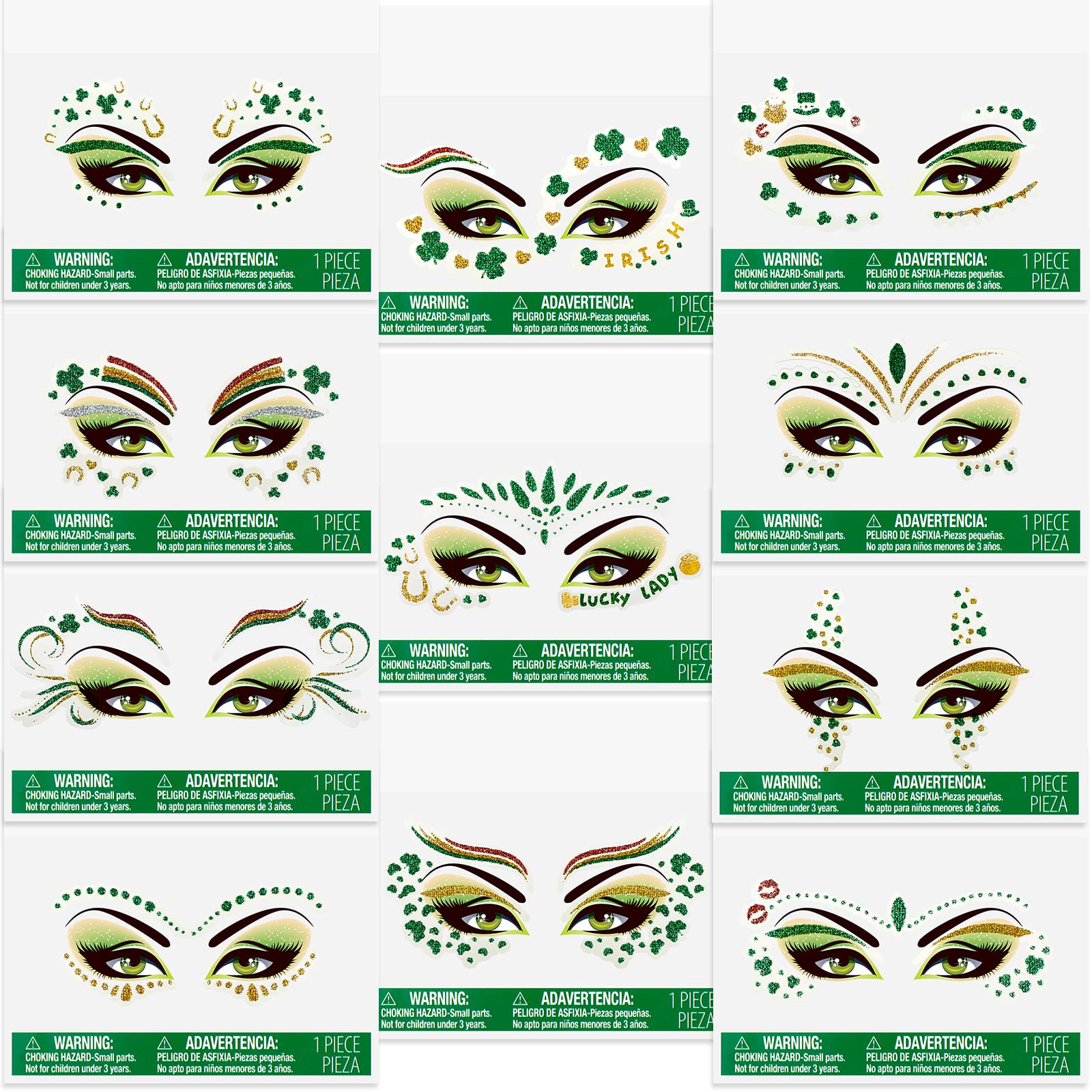 117 Pcs St. Patrick's Day Glitter Face Tattoos Green Face Jewelry Tattoos Temporary Face Jewelry Three Leaf Glitter Shamrock Clover for St. Patrick's Day Party Accessory, 33 Sheets