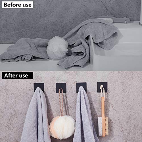 FOMANSH Heavy Duty Adhesive Hooks, Stick on Wall Adhesive Hangers, Strong Stainless Steel Holder, Self Adhesive Hooks for Kitchen Bathroom Home Door Towel Coat Key Robe 4 Packs Black