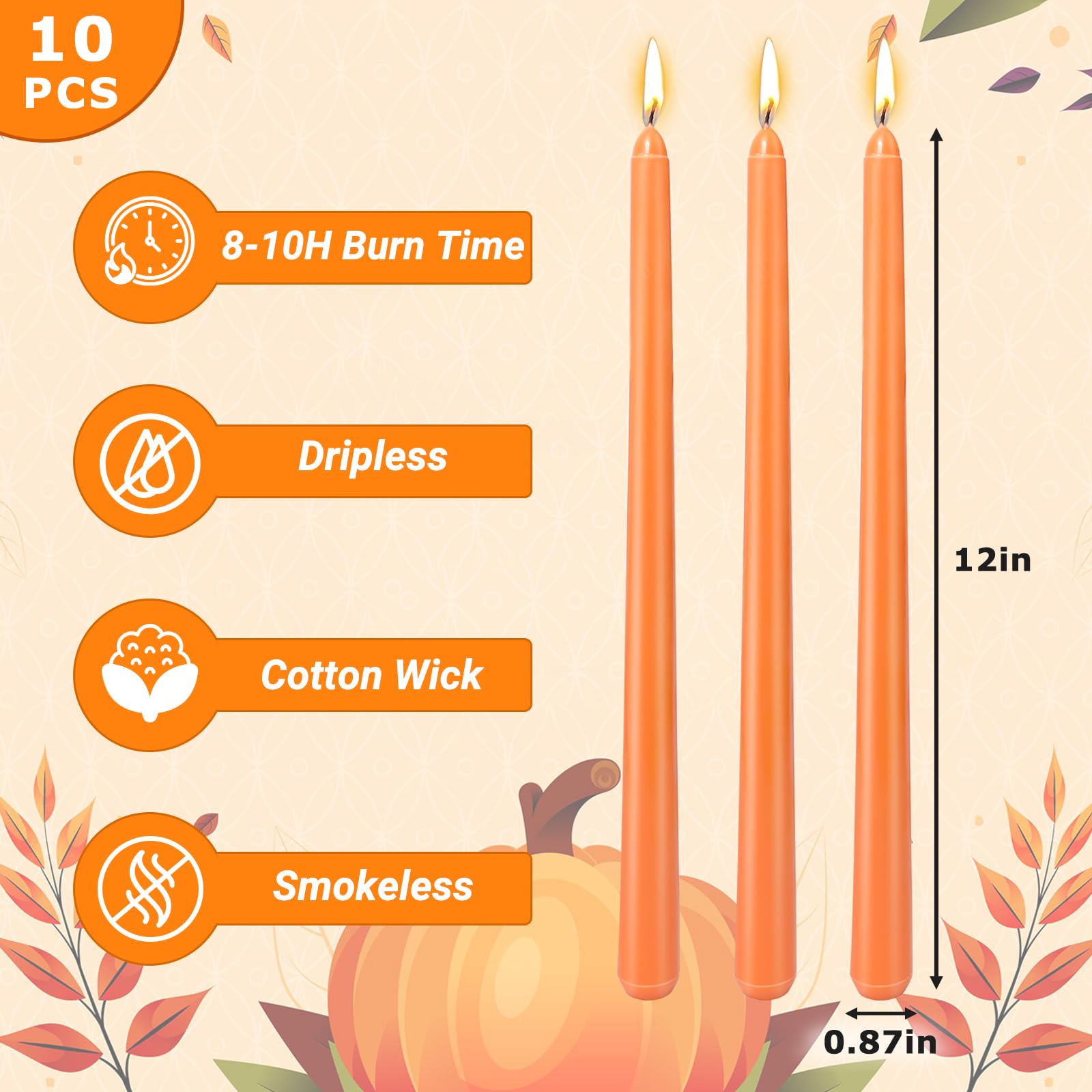 10 Pack 12 Inch Orange Taper Candles β Unscented, Dripless, Smokeless Candlesticks for Halloween, Autumn Decor, Thanksgiving, and Home Celebrations β Long Burning Dinner Candles for All Occasions