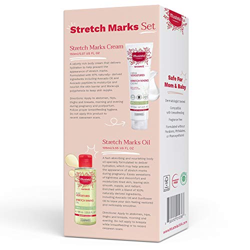 Mustela Maternity Stretch Marks Set - Natural Pregnancy Skincare - Contains Stretch Marks Cream & Belly Oil - EWG Verified & Fragrance-Free - 2 Items Set