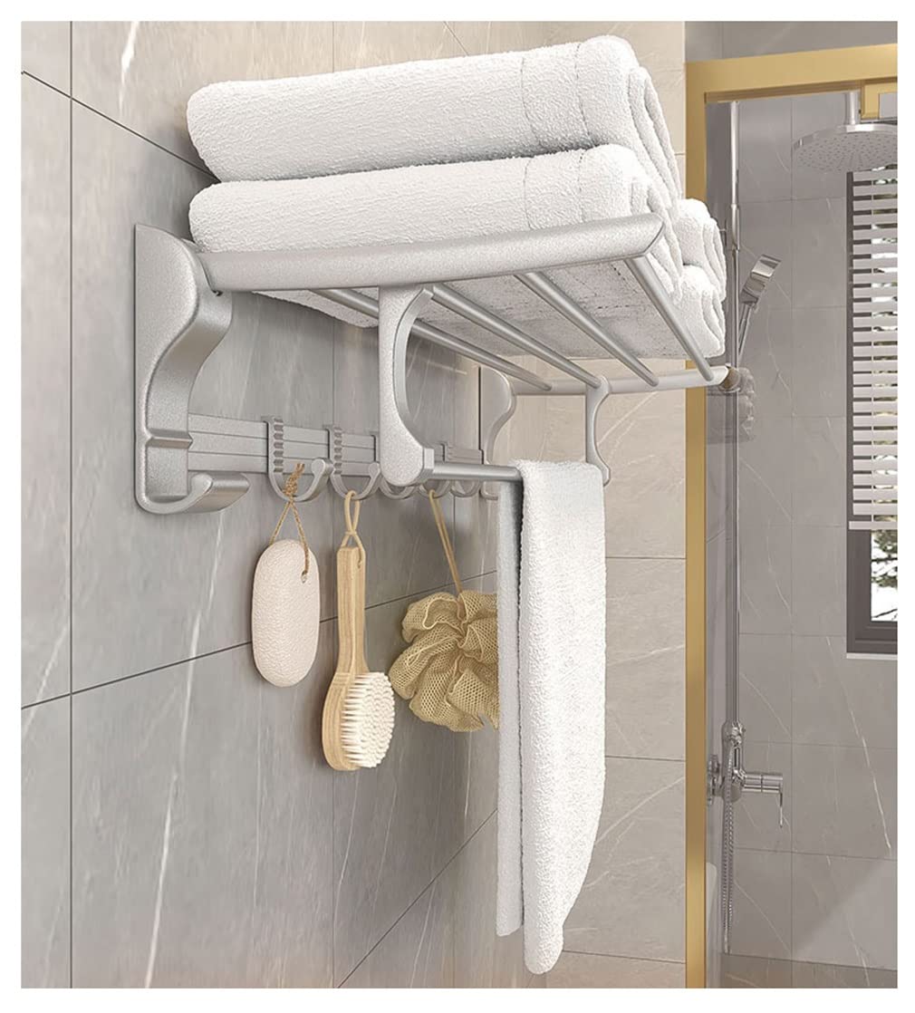 Bathroom Shelves Stud Mount Double Towel Rack Stainless Steel Constructed Rust-Proof Shelf with Built-in Bars and Hooks, Brushed Nickel Concealed Screw (Color : Silver, Size : 60cm)