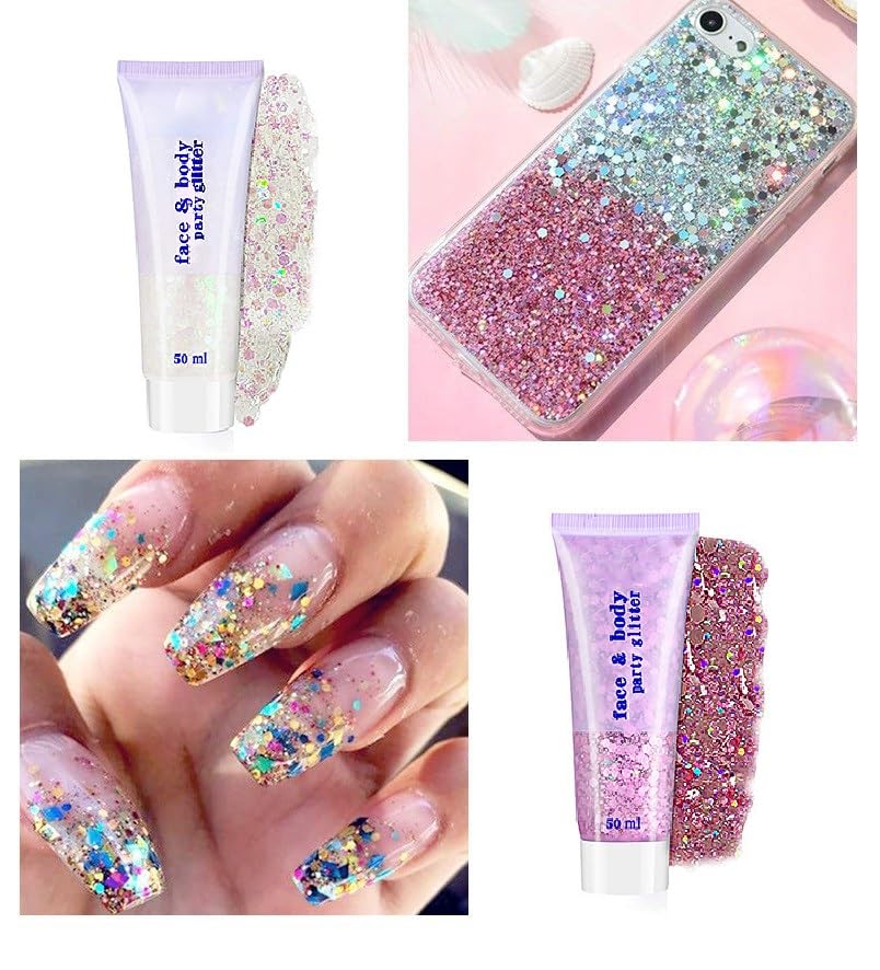 2 Colors Body Glitter Gel, Face Glitter Body Gel Sequins Shimmer Liquid Eyeshadow, Holographic Glitter Gel Festival Glitter Makeup.(03#Pink+06White)