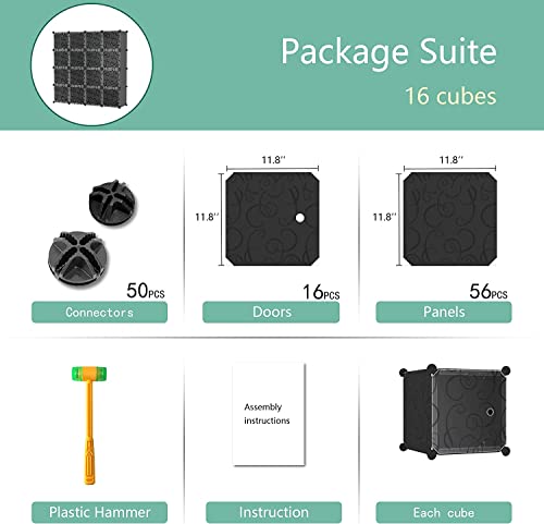 16 Cubby Clothes Storage Shelves, Cube Plastic Closet Organizer with Doors, 12" × 12" Modular , Portable Closet Wardrobe for Bedroom, Home, Black (4 × 4 Cubes)
