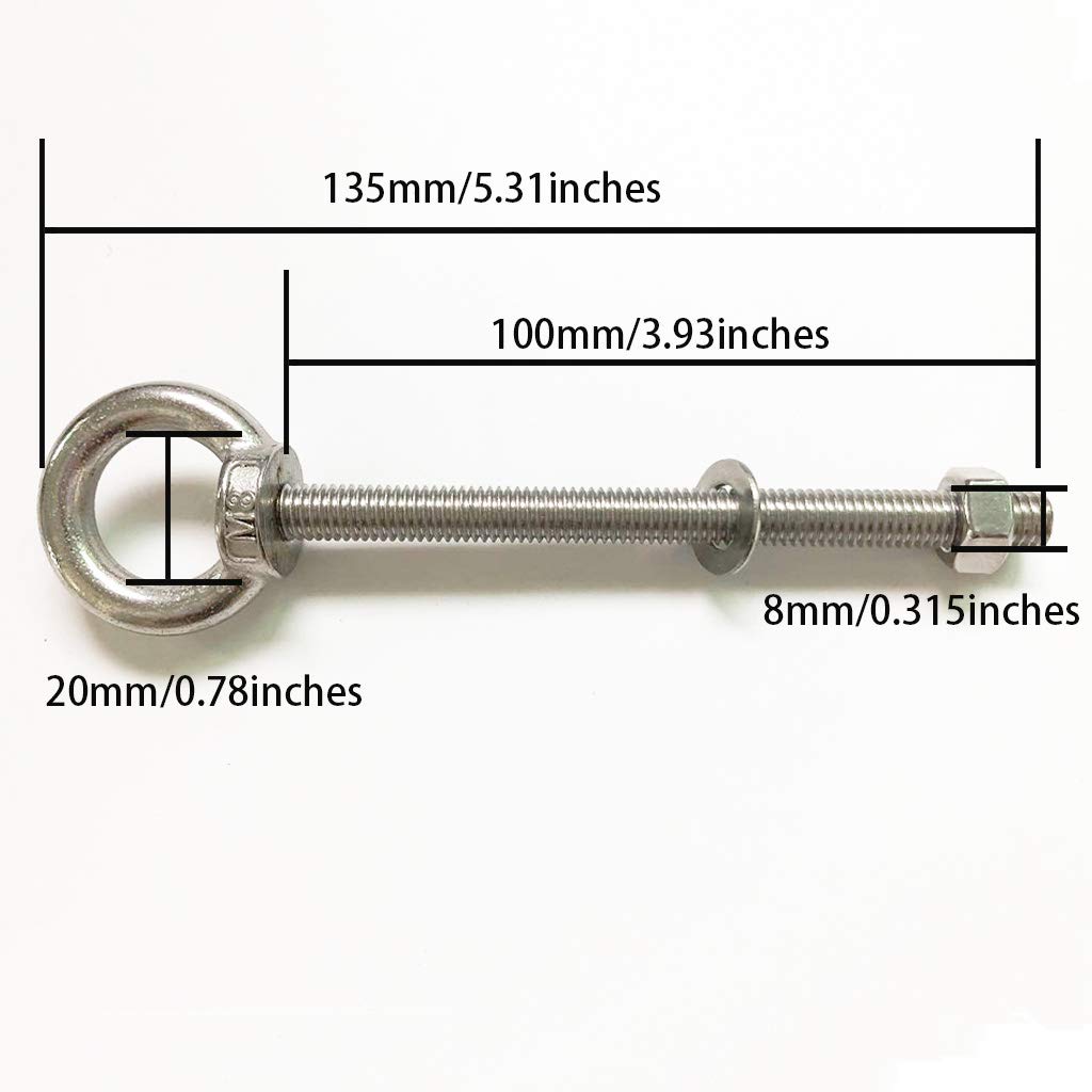 AIVOOF Shoulder Eye Bolt, 2 Pack M8 Stainless Steel Eye Bolts 4" Heavy Duty EyeBolts Screws in Eye Hooks with Washer and Nuts for Lifting and securing Cables Wires, Long Shank Thread Length 100mm