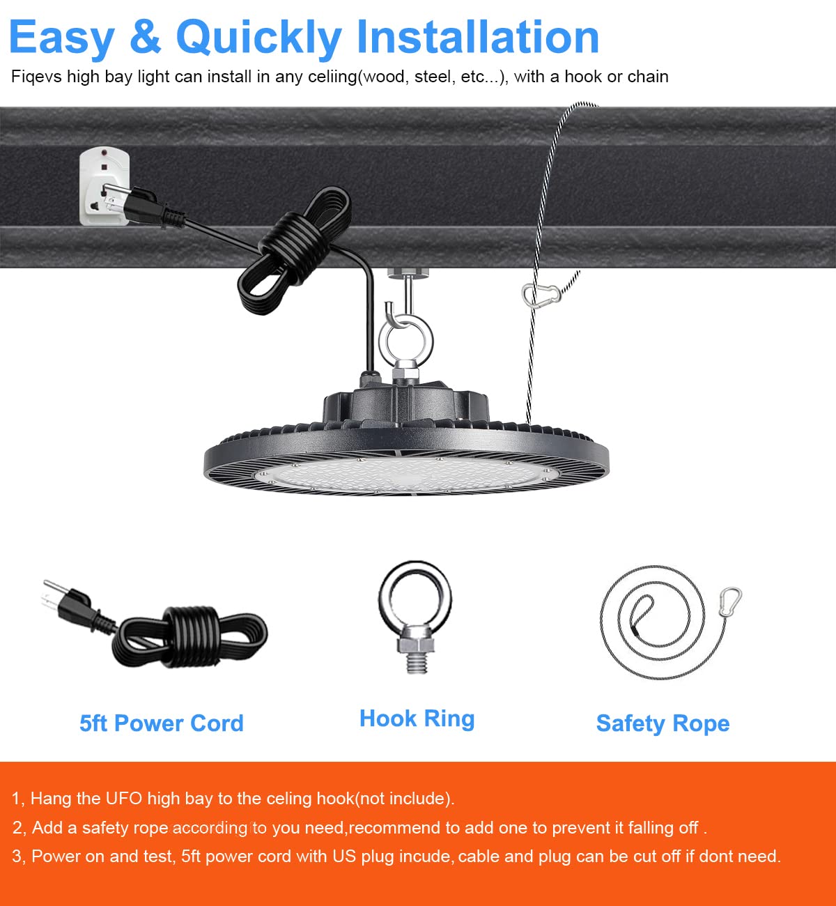 200W LED High Bay Lights, UFO LED High Bay Light, 28,000 LM(Eqv.800W MH/HPS), 5000K Daylight, IP65, 5ft Cable with US Plug, Safe Rope for Garage/Warehouse/Workshop - Pack of 1