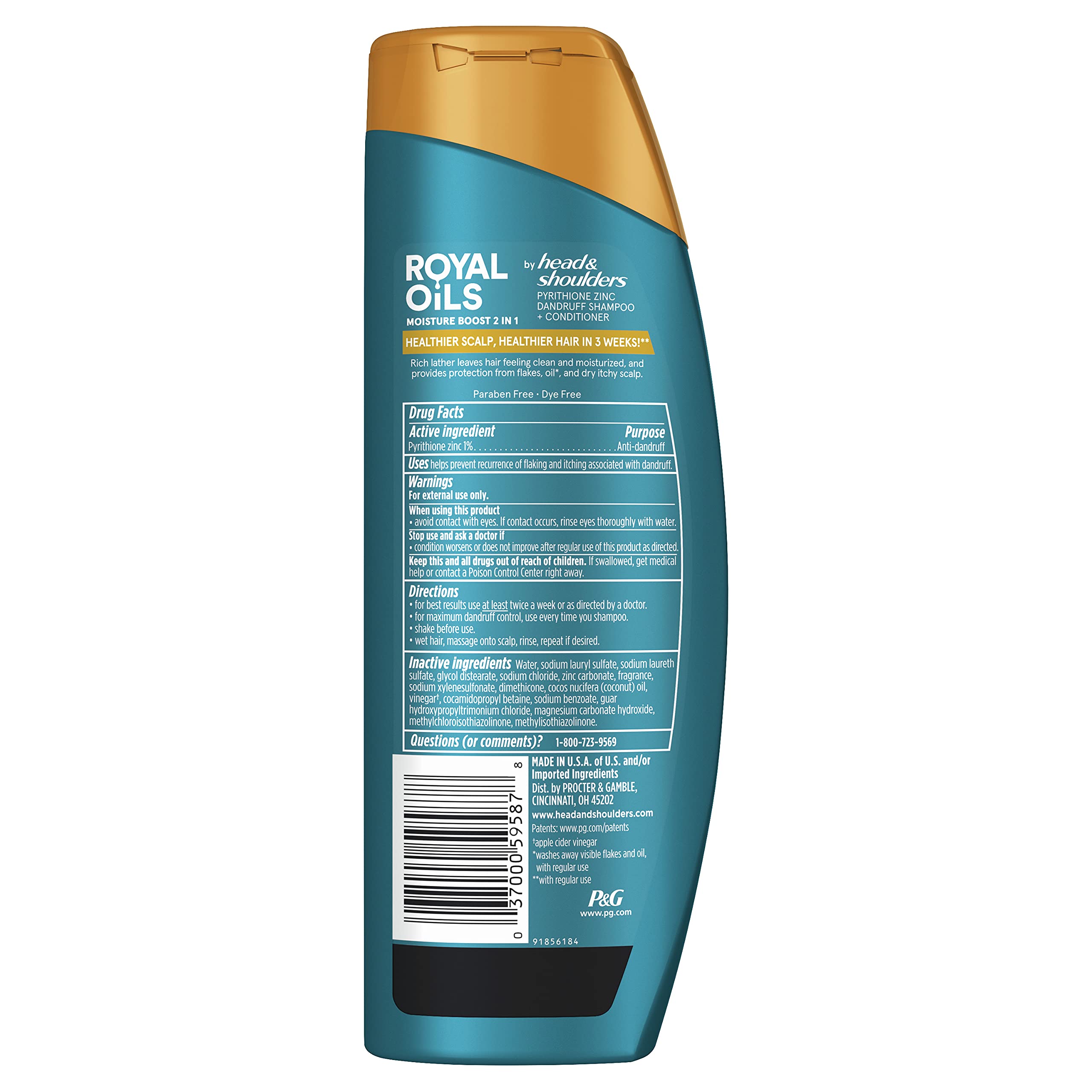 Head & Shoulders Dandruff Shampoo & Conditioner 2 in 1 Royal Moisture Boost, Scalp Care, for Natural, Curly, Coconut Oil and Apple Cider Vinegar, Sulfate Free, 13.5 Fl Oz, 400 ml